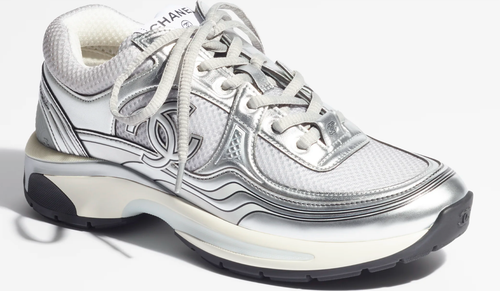 Chanel 23C Gray Silver Metallic CC Logo Lace Up Flat Runner Trainer ...