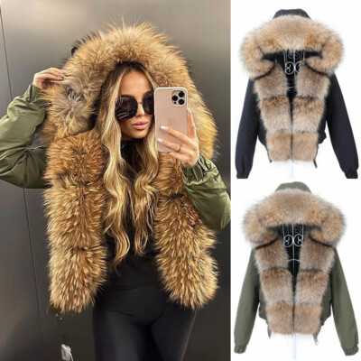 Women Real Fluffy Fur Collar Hooded Coats Hooded Parka Warm Thick ...