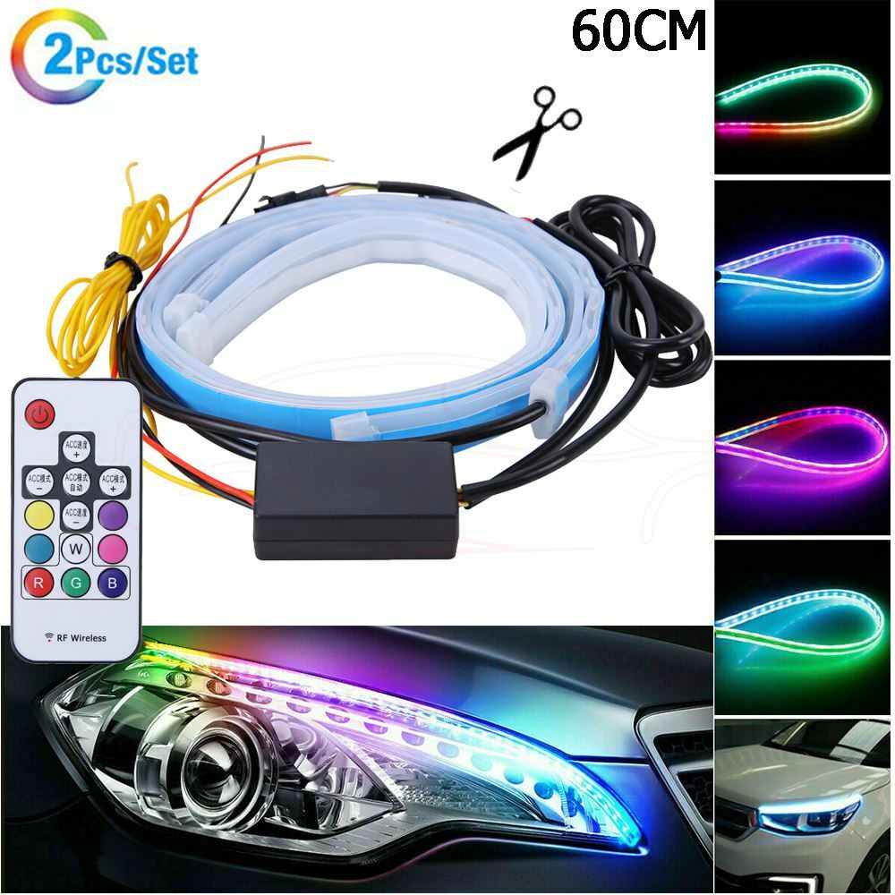 2x 60CM RGB Slim Sequential Flexible DRL LED Turn Signal Strip Remote ...