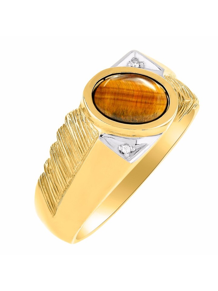Mens Tiger Eye & Diamond Ring Sterling Silver or Yellow Gold Plated ...