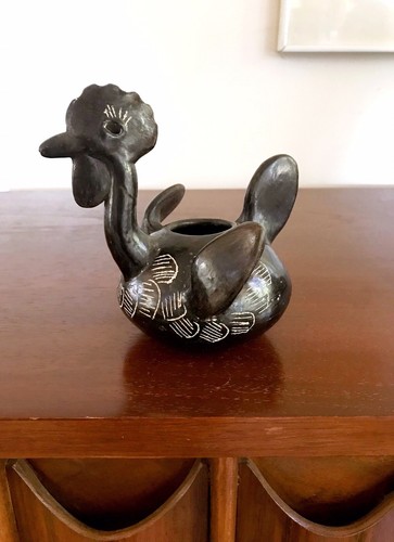 Quinchamali Chile Folk Art Bird Rooster Sculpture Black Pottery Planter ...