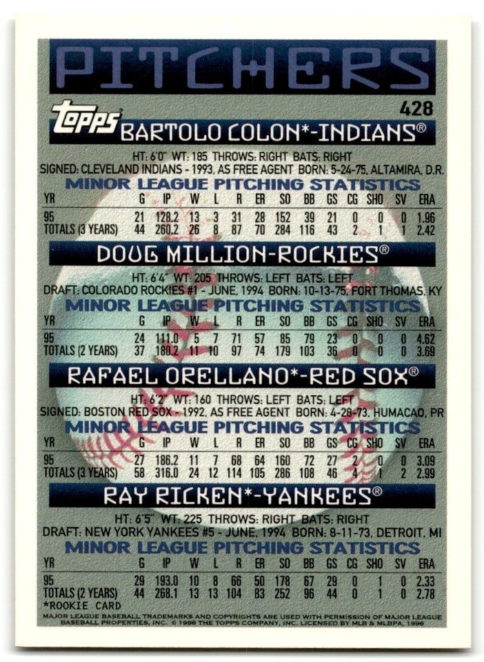 1996 Topps Prospects Bartolo Colon/Doug Million/Rafael Orellano/Ray ...
