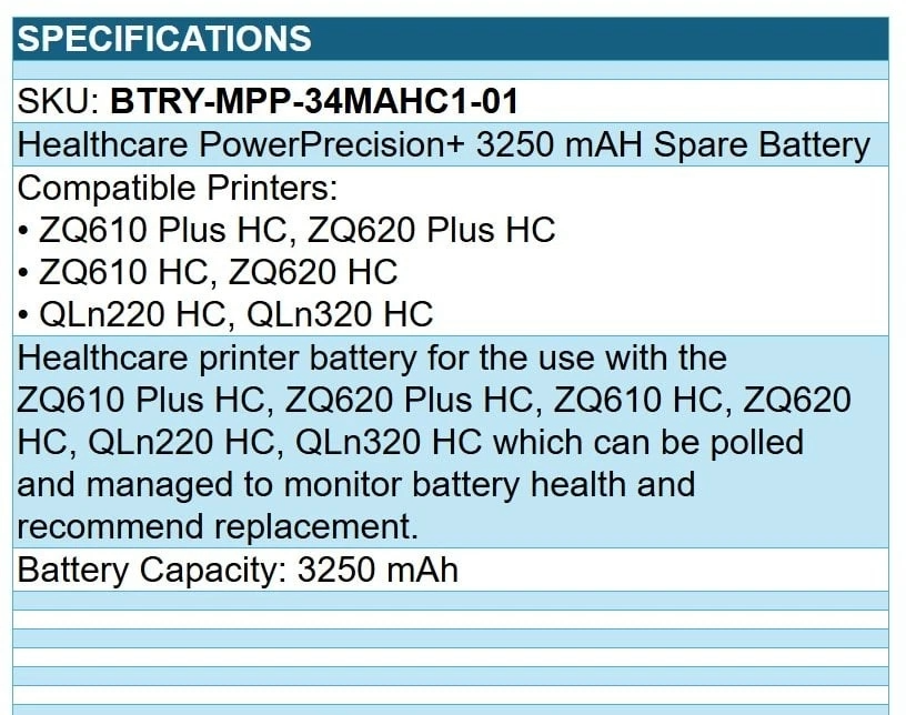 Zebra BTRY-MPP-34MAHC1-01 Healthcare Spare Smart Battery 3250 mAH - For ...