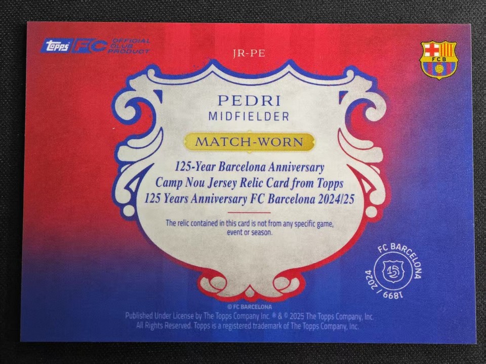 Pedri 24-25 Topps Barcelona 125 Anniversary Camp Nou Jersey Relic Aqua ...