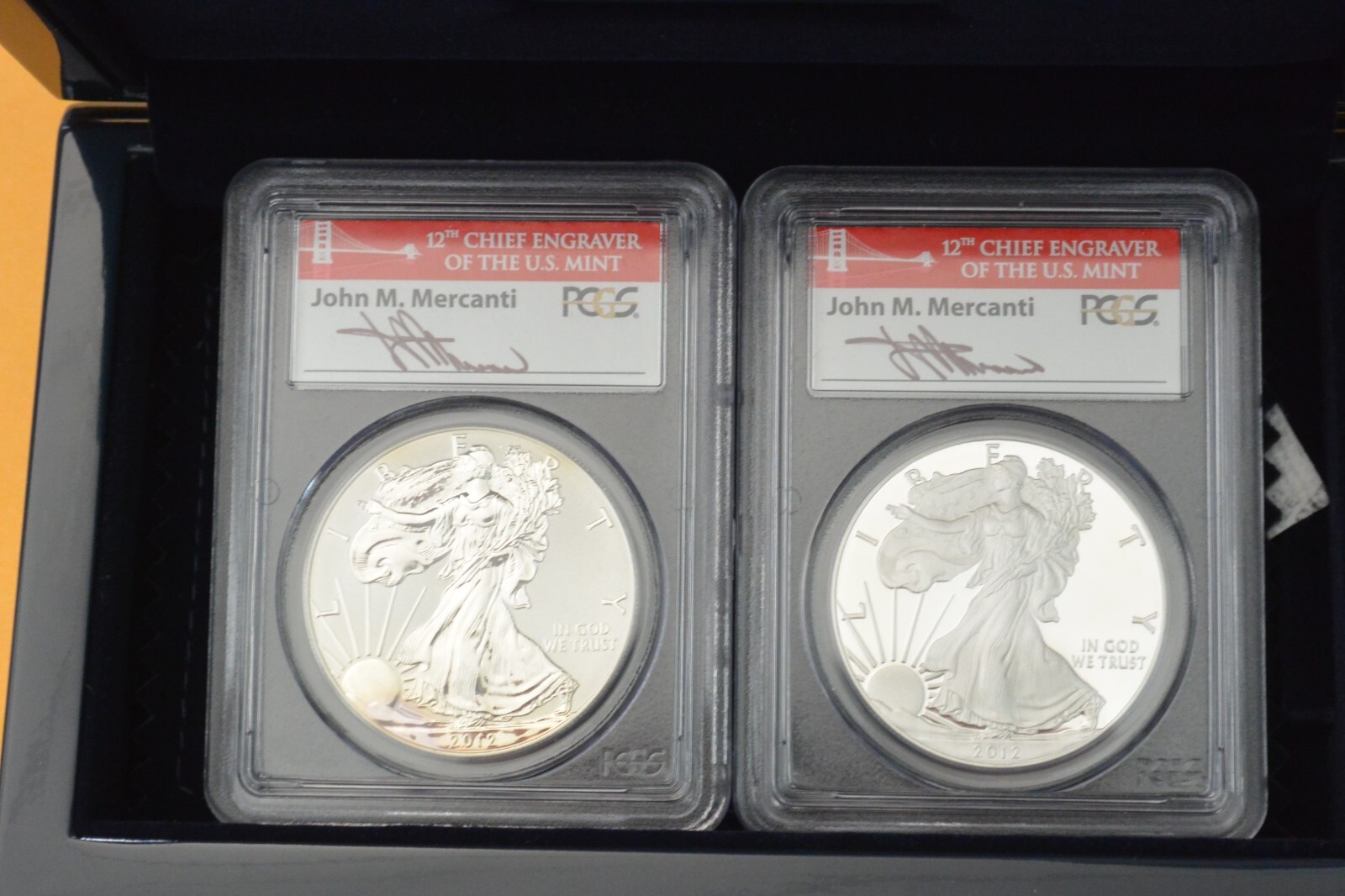 2012-S Silver Eagle 2-coin Set PCGS PR70/Rev PR70 FS John Mercanti w ...