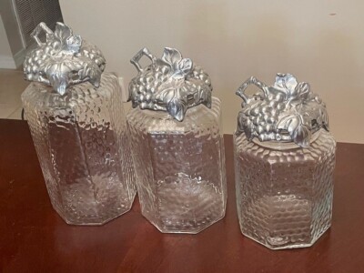VINTAGE Arthur Court 2002 RETIRED 3 Canister Dimpled Glass Grapevine ...