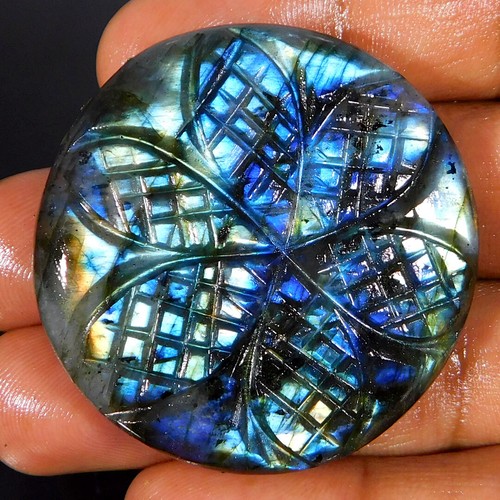 132.00Cts 100% Natural Power Carved LABRADORITE Round Cabochon Loose ...
