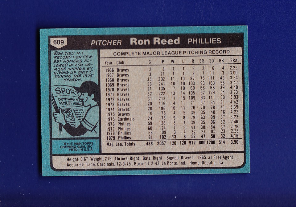Ron Reed 1980 TOPPS MLB Baseball #609 (NM+) Philadelphia Phillies | eBay