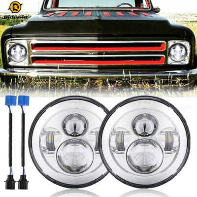Chrome 7" Inch Round LED Headlights HI-LO Pair For Chevy C10 Camaro ...
