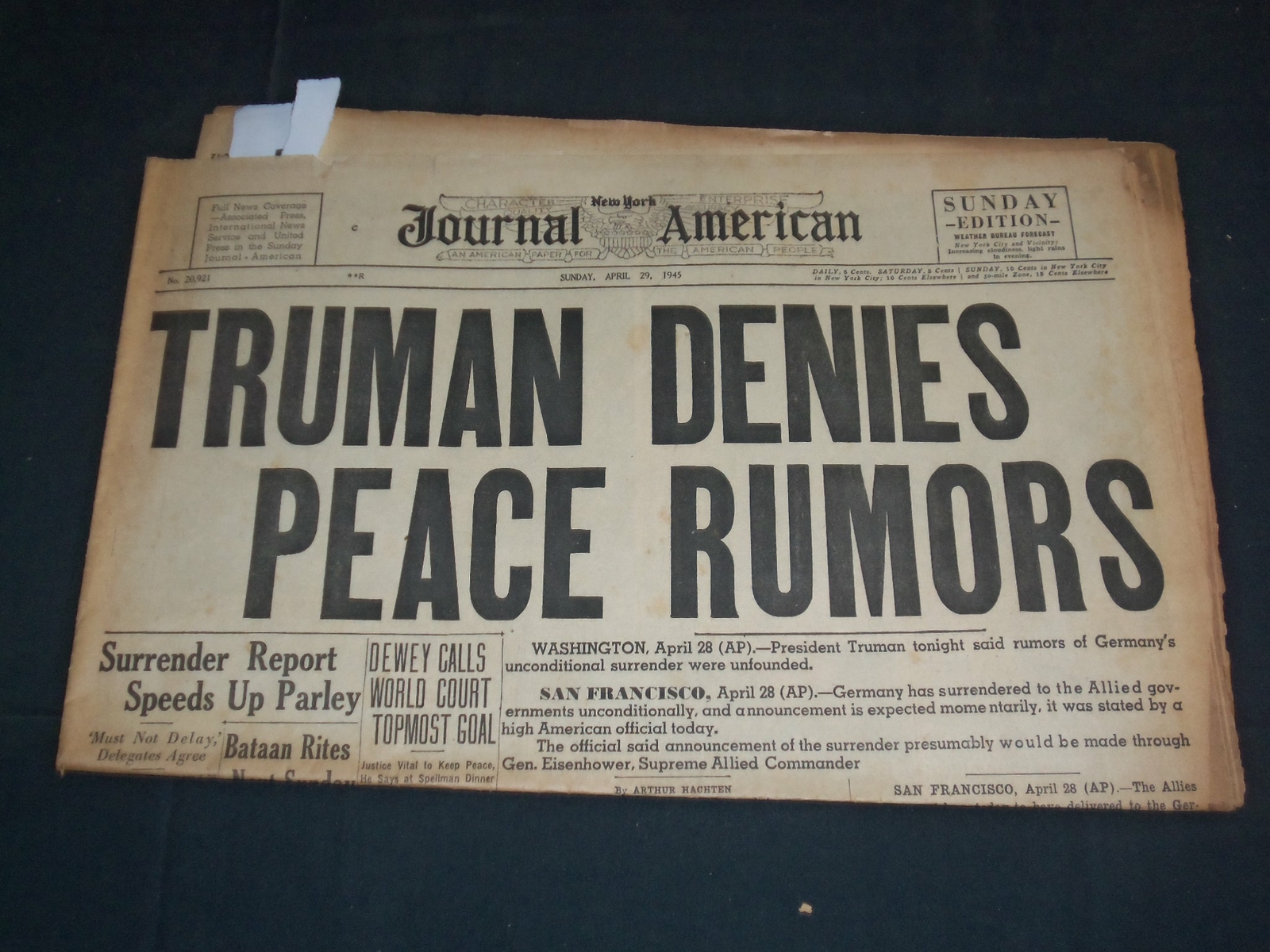 1945 APRIL 29 NY JOURNAL AMERICAN NEWSPAPER -TRUMAN DENIES PEACE RUMORS ...