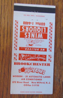 BROOKCHESTER BOWLING MATCHBOOK COVER: NEW MILFORD, NEW JERSEY ...