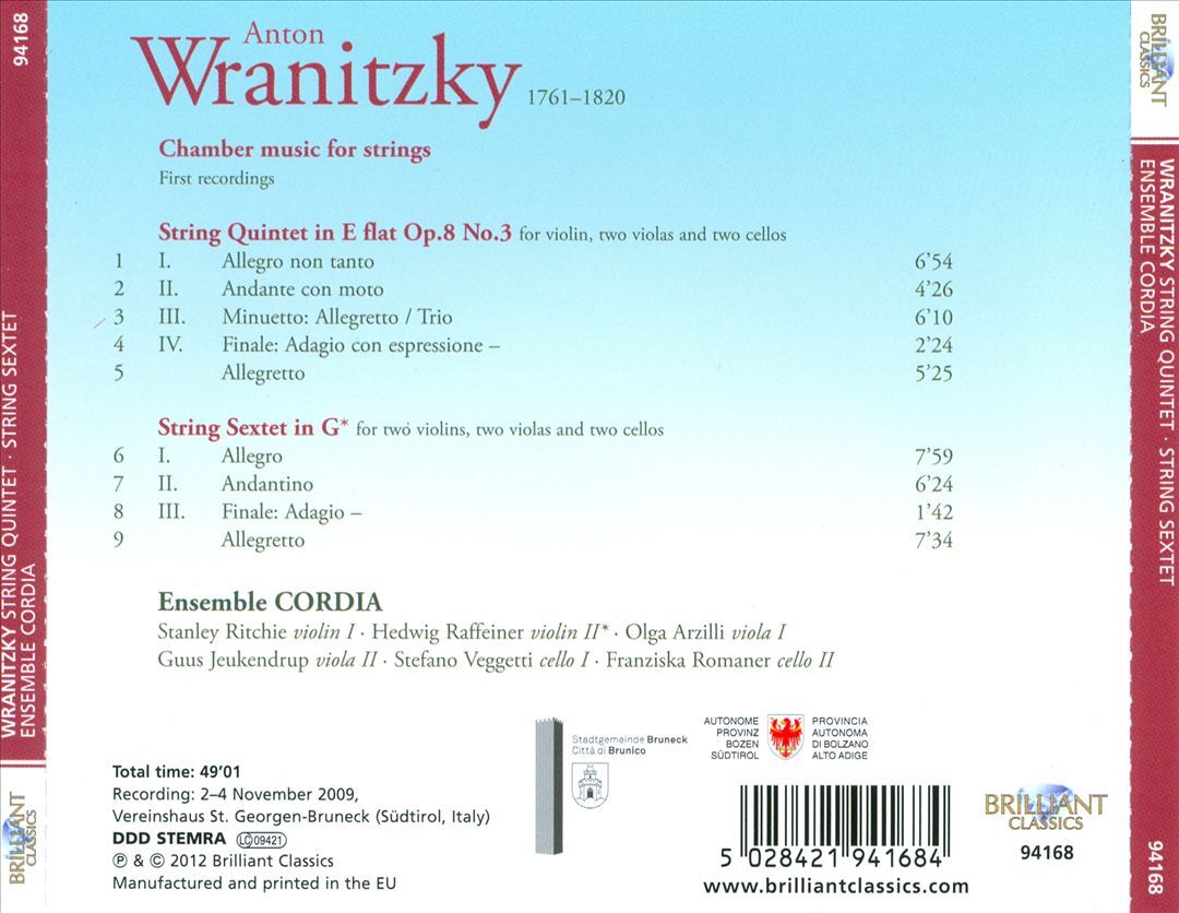 WRANITZKY: STRING QUINTET OP. 8/3; STRING SEXTET IN G NEW CD 5028421941684| eBay
