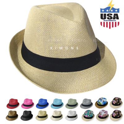 Straw Fedora Hat Trilby Cuban Cap Summer Beach Sun Panama Short Brim ...