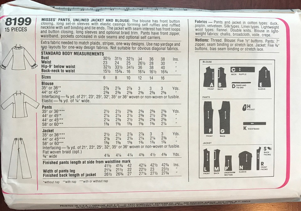 Simplicity 8199 Sewing Pattern Size14 Uncut 1977 Pants Jacket Blouse ...