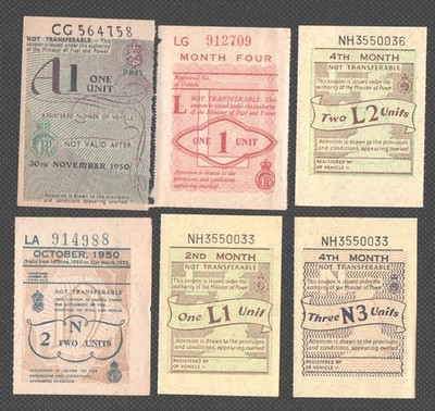 Six Different British Motor Fuel / Petrol Ration Coupons :- Original ...