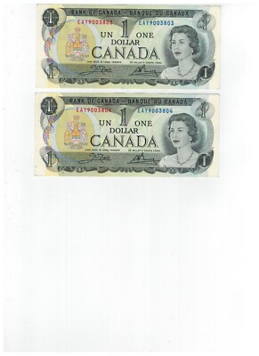 Two (2) 1973 $1 Canadian banknotes consecutive serial numbers ...