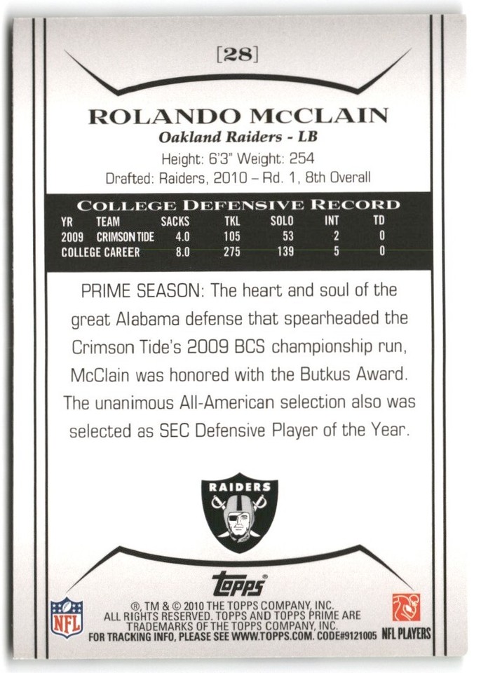 2010 TOPPS PRIME RETAIL RC #28 ROLANDO MCCLAIN | eBay