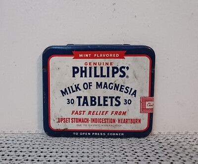 Vintage PHILLIPS' MILK OF MAGNESIA 30 TABLETS Metal Tin Box Medicine ...