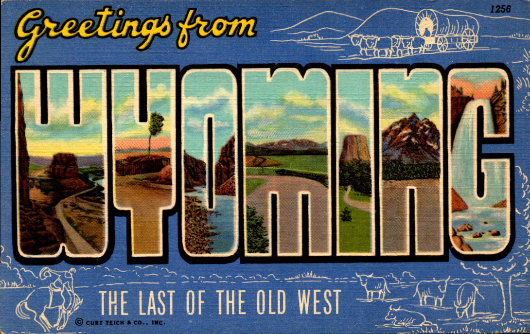 Postcard Greetings from Wyoming large letters linen unused Curt Teich ...