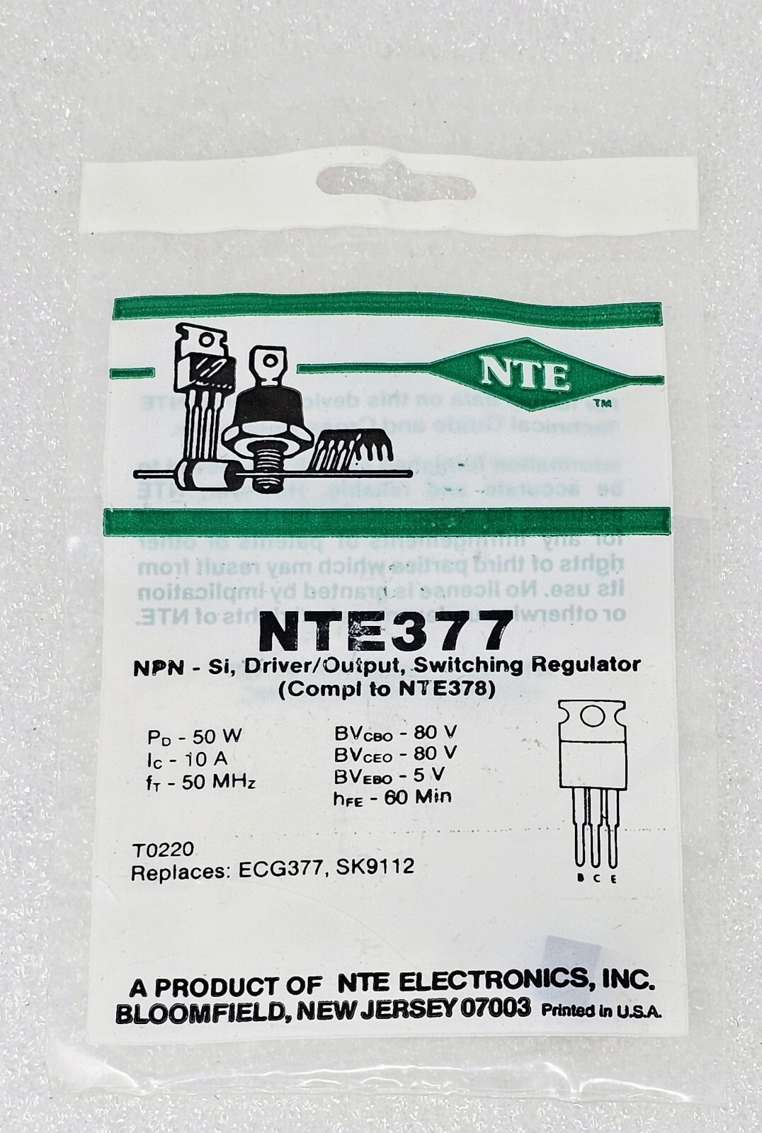 NTE 377 Transistor T-NPN PWR AMP DRV OUT Transistor, TO220, 80V , 10A ...