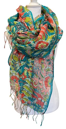 Talbots 100% Linen Scarf Colorful Floral Print Pastel Colors Fringe ...