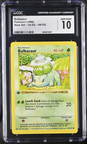 CGC 10 GEM MINT Bulbasaur 1999 Base Set 1st Edition 44/102 Pokemon Card ...
