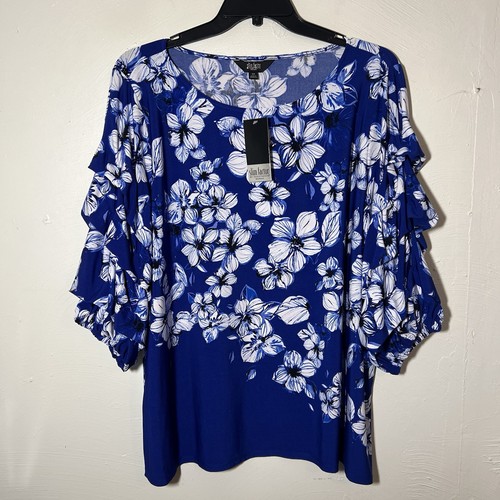 NWT Slim Factor Investments Blue Floral Ruffle Sleeve Top 3X Blouse | eBay