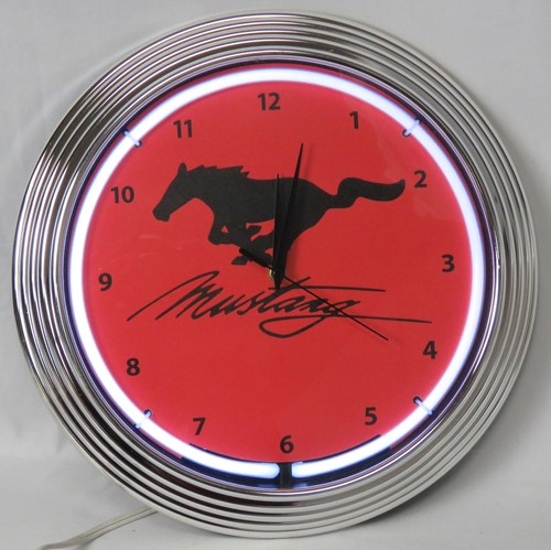 Neonetics Ford Mustang Wall Clock Red, White Neon, Silver Frame, Horse ...