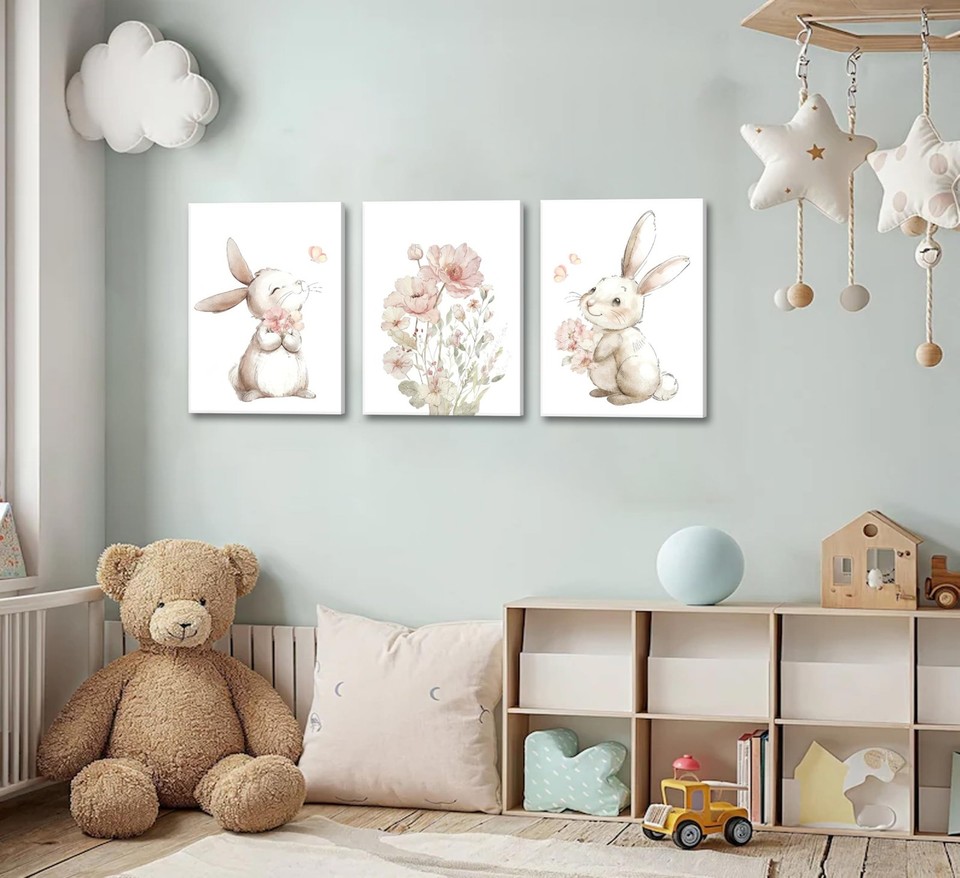 Pink Girl Nursery Bunny Canvas Wall Art Cute Rabbit Wildflowers ...