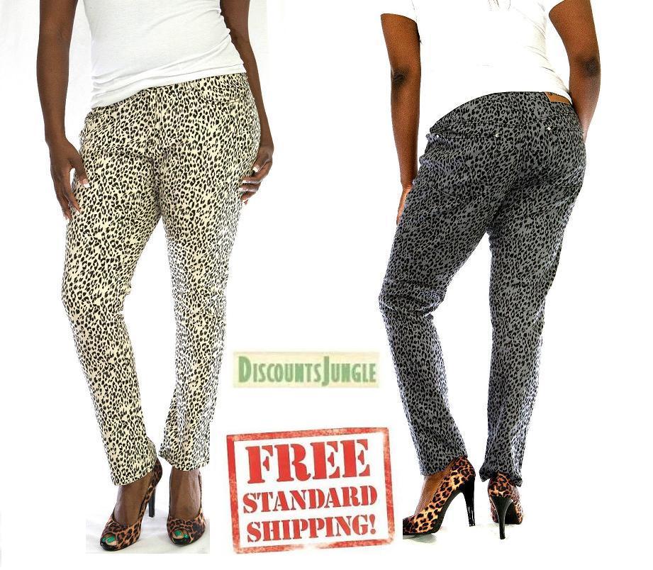 WOMENS PLUS SIZE Leopard CHEETAH PRINT STRETCH TWILL DENIM JEANS SKINNY ...