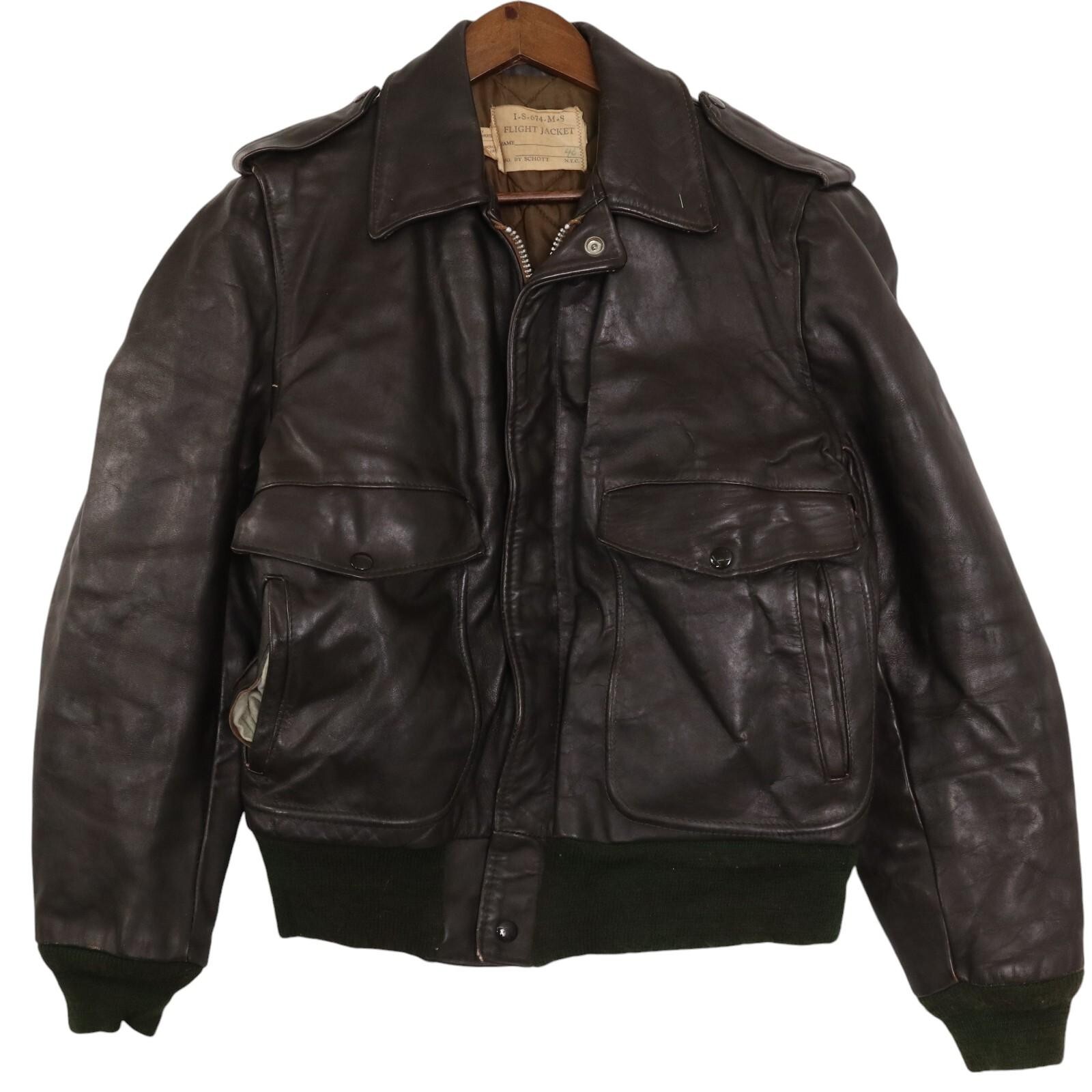 80's Schott A-2 Flight Jacket Leather Military Brown … - Gem