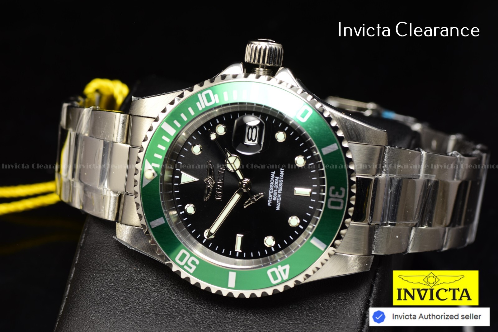 Invicta Mens Pro Diver 40mm Quartz Black Dial Green Bezel Stainless ...