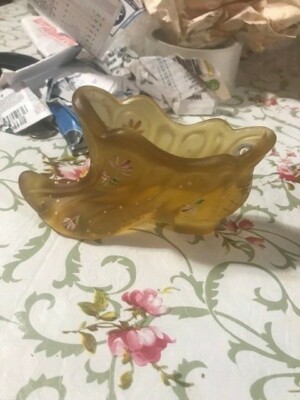 Fenton Art Glass Slipper Amber Satin Hand Painted by Riggs Signed by M ...