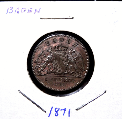 1871 German States Baden 1 Kreuzer Copper Coin, BN, Victory Over France ...