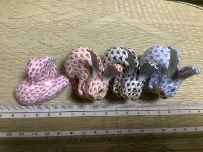 Herend Rabbit Figurines Set of 4 Porcelain Fishnet Hand Paint Made in ...