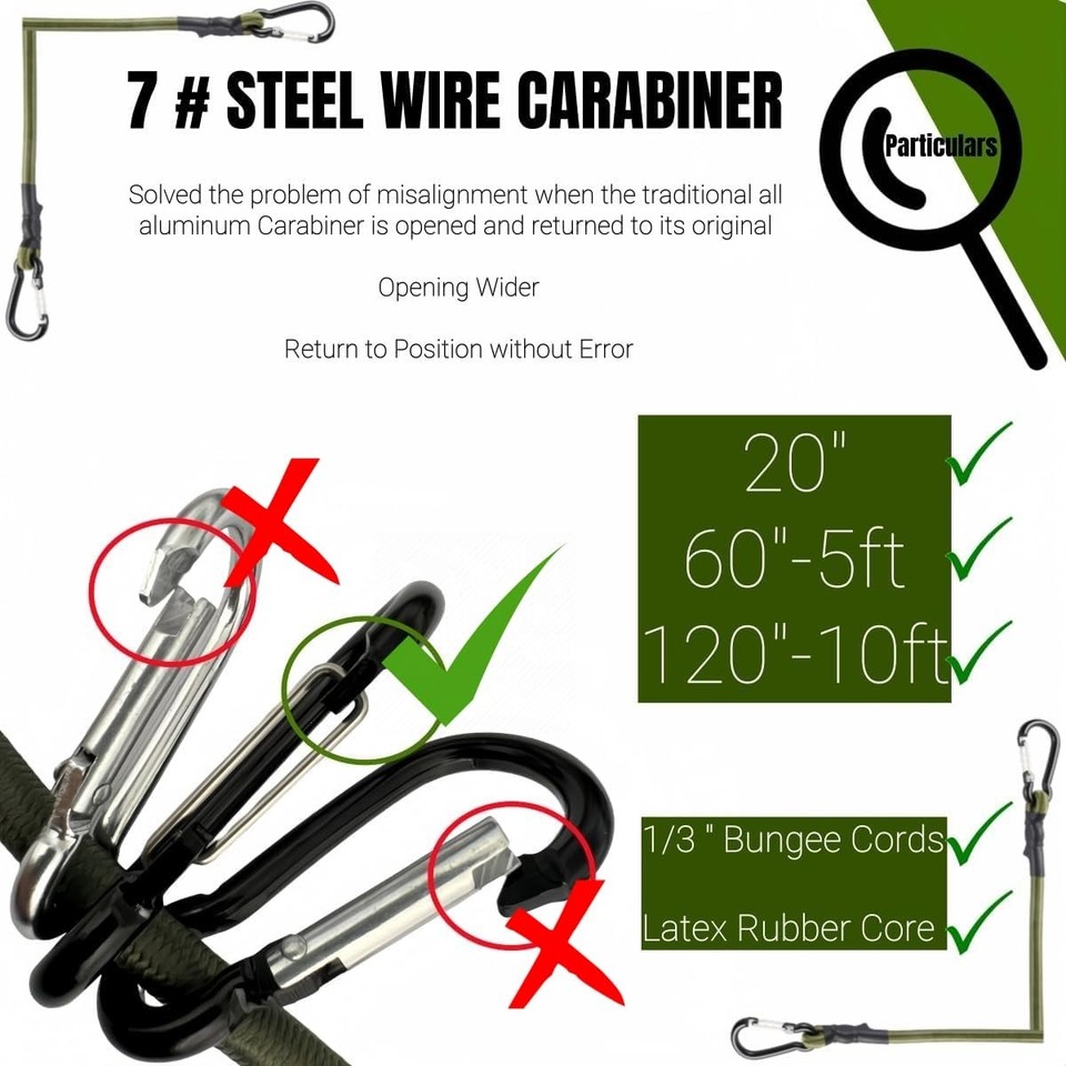Carabiner Bungee Cords with Hooks Camo Green 20 inch 8 Pcs | eBay