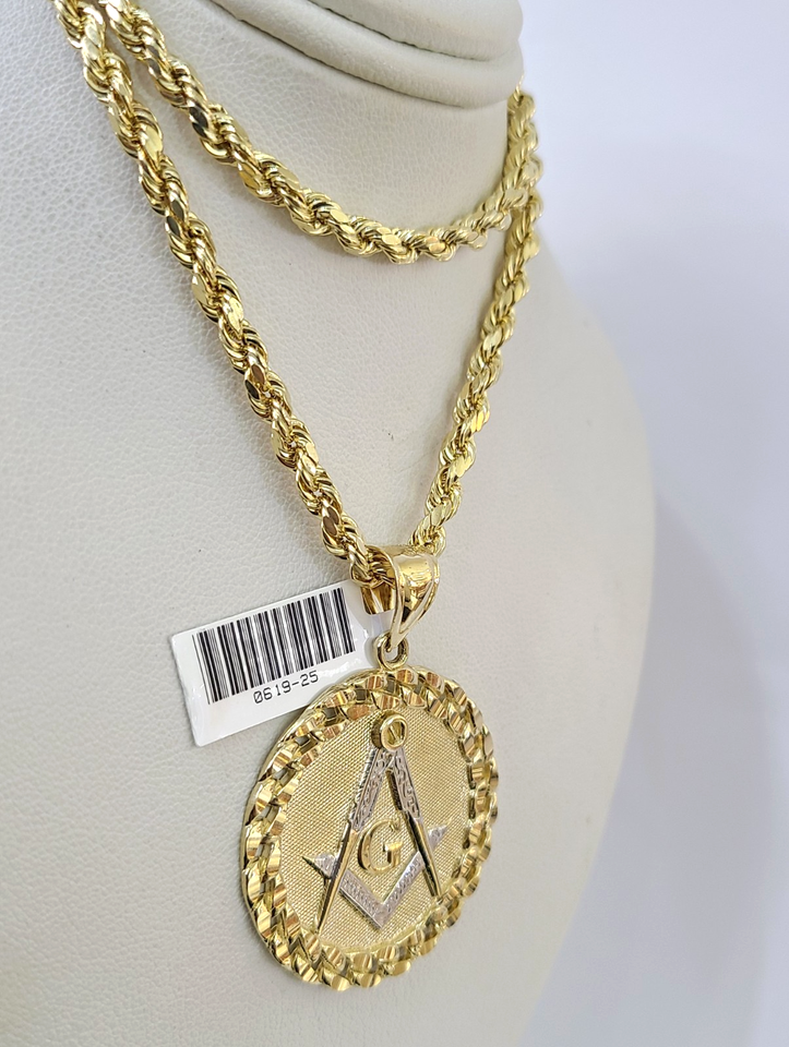 Real 10k Rope Chain Masonic Charm Necklace Pendant Set 4mm 18"-28" Gold ...
