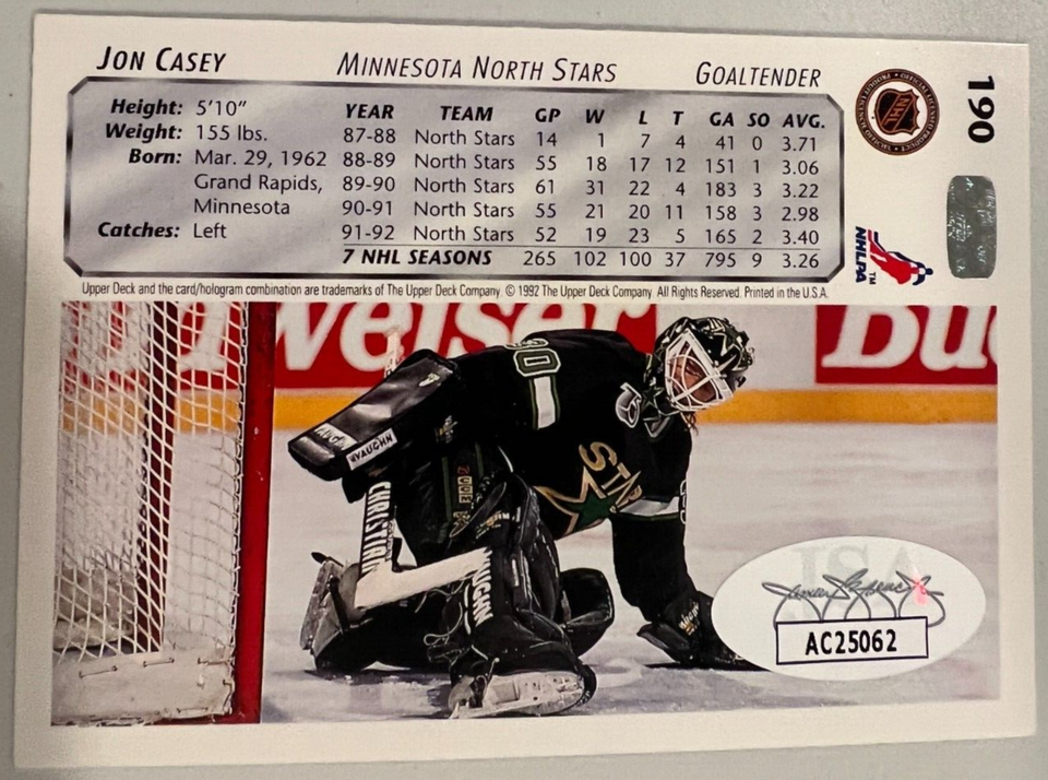 Jon Casey Autographed JSA Authentic Autograph '92-93 Upper Deck #190 | eBay