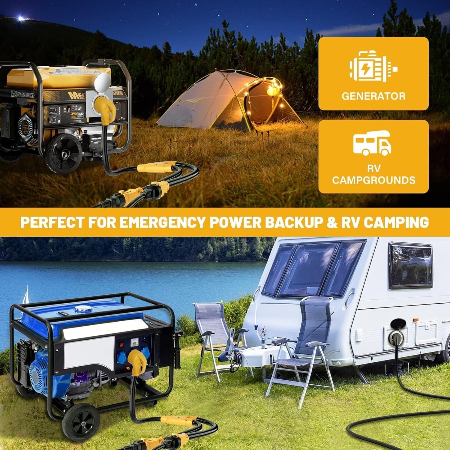 50 Amp to (2)x 110V 15 Amp Household Outlet RV Y Adapter Power Cord, 10 ...