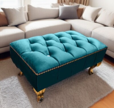 brand new handmade Chesterfield plush velvet footstool with gold metal ...