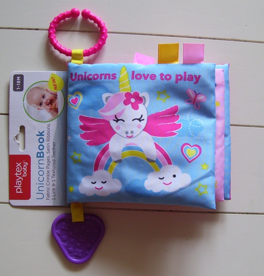 Playtex Baby Fabric Unicorn Crinkle Ribbons Link Textured Teether Book ...