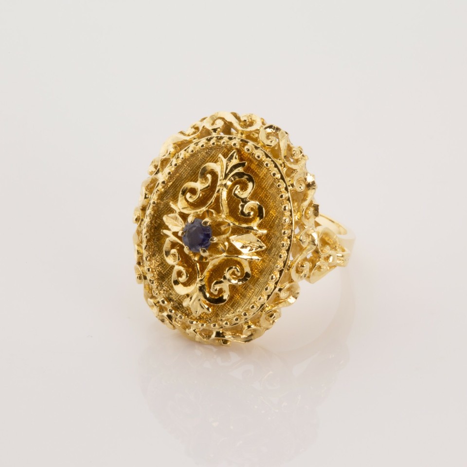 Vintage 18K Yellow Gold Sapphire Baroque Style Ring Size 6.5 Circa 1960 ...