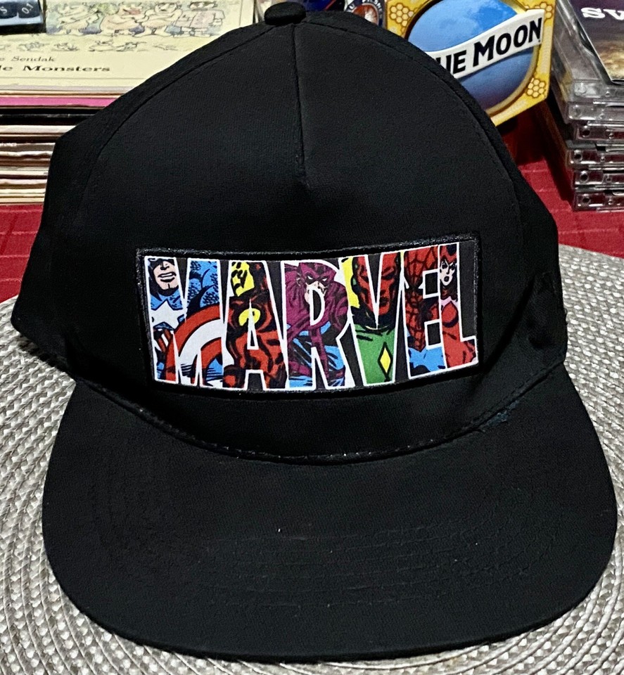 Official Marvel Comic Strip Logo Black Ball Cap Hat Adjustable Snapback ...
