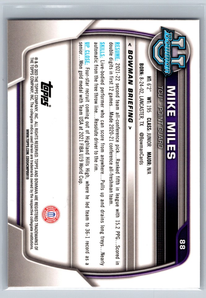 2022-23 Bowman University Chrome #88 Mike Miles | eBay
