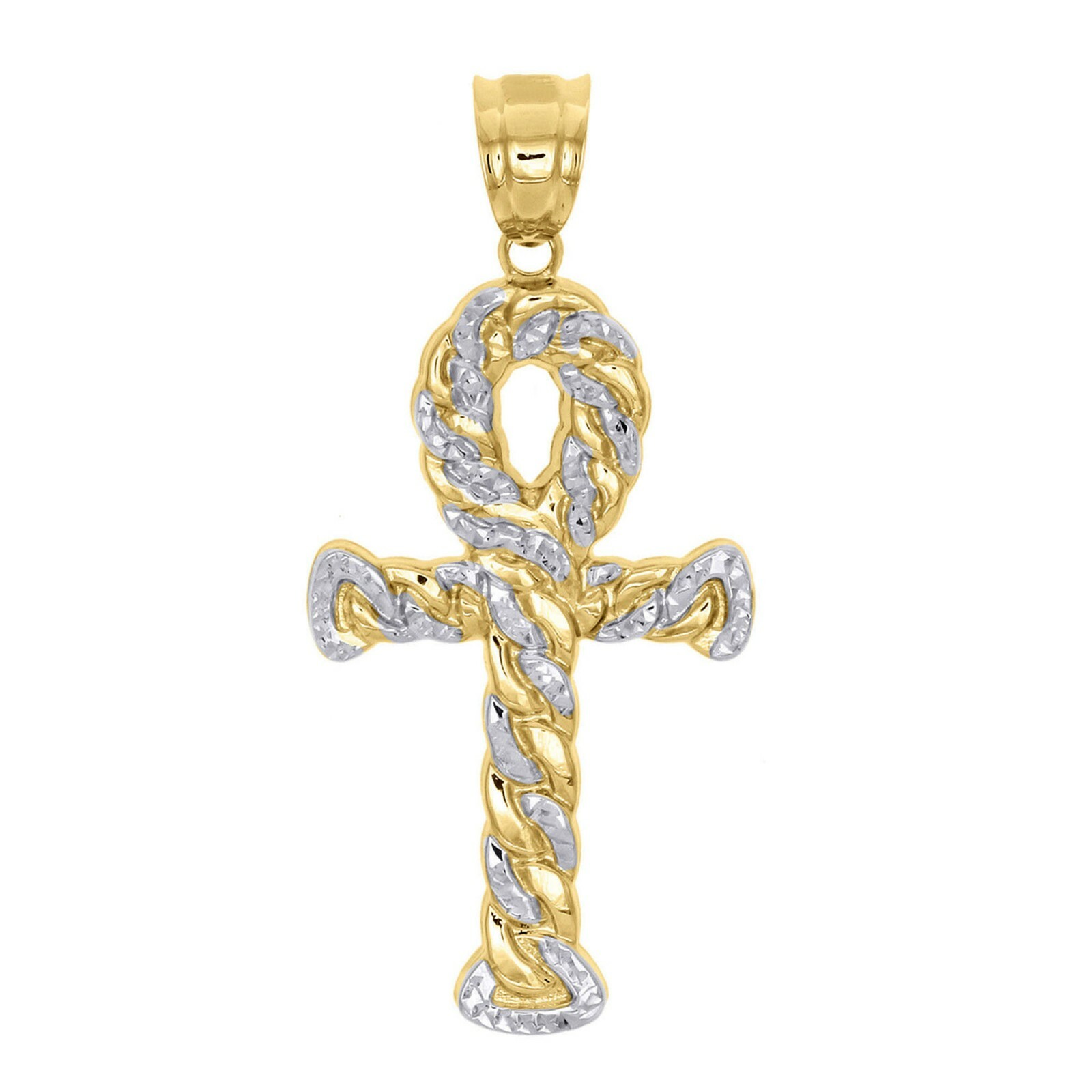 14K Yellow Gold Plated Diamond Cut Miami Cuban Link Border Ankh Cross ...