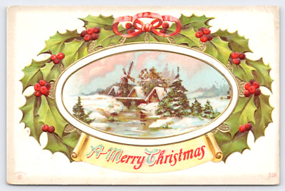 Postcard A Merry Christmas Snow Scene Windmill Holly and Berries Posted ...