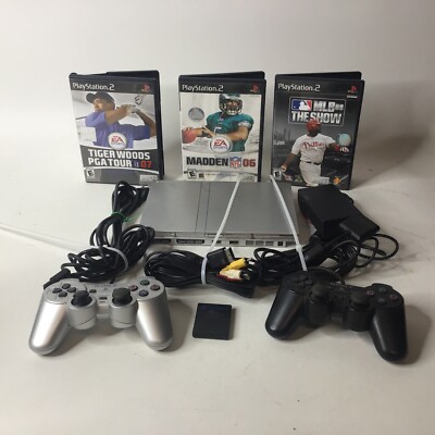 Sony PlayStation 2 Slim SILVER Game Console Bundle System 2 Controllers ...