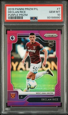 DECLAN RICE PSA 10 ROOKIE 2019 PANINI PRIZM PREMIER LEAGUE PURPLE #25/ ...