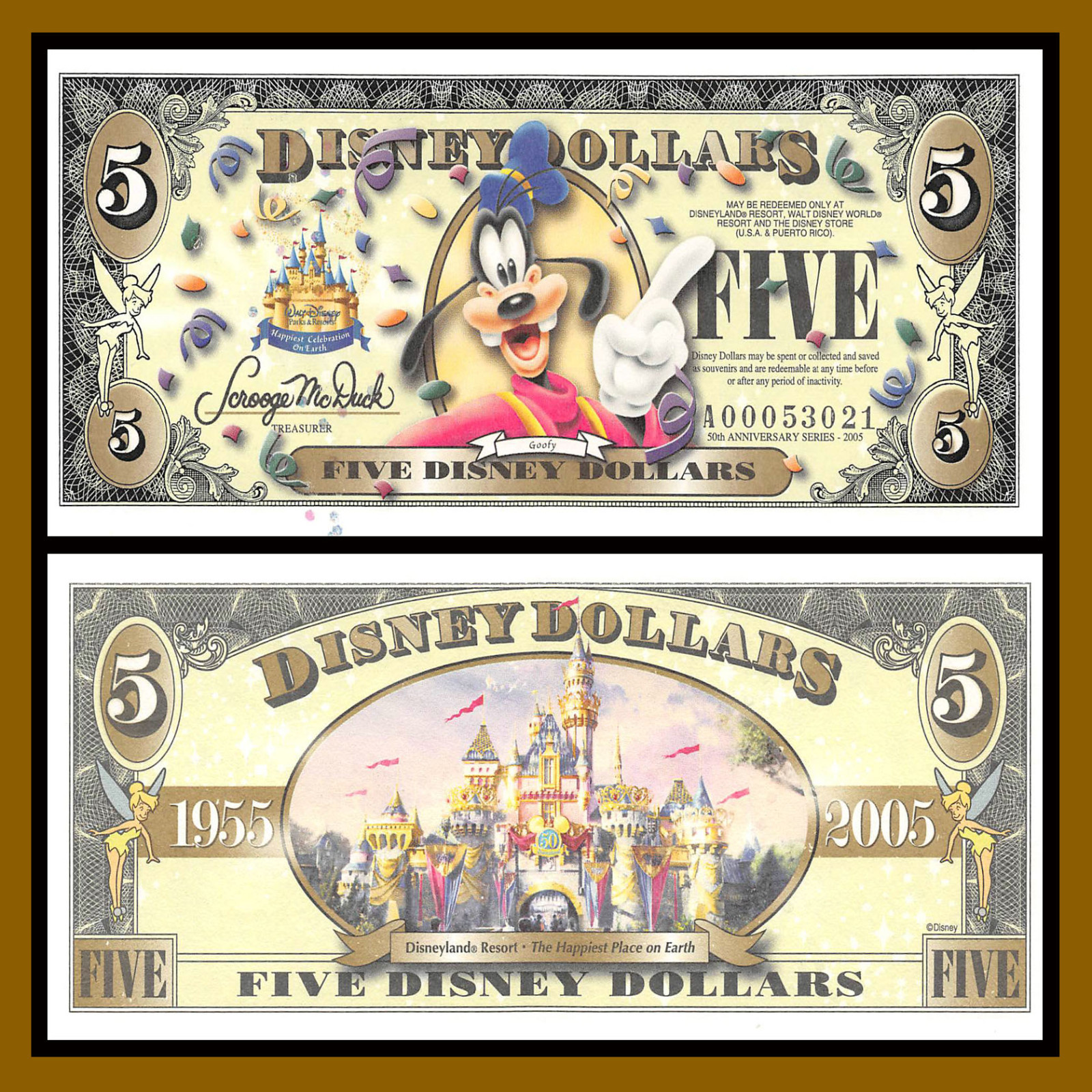 Disney 5 Dollars, 2005 "A" Series "5 Digit Serial" 50th Anniversary ...