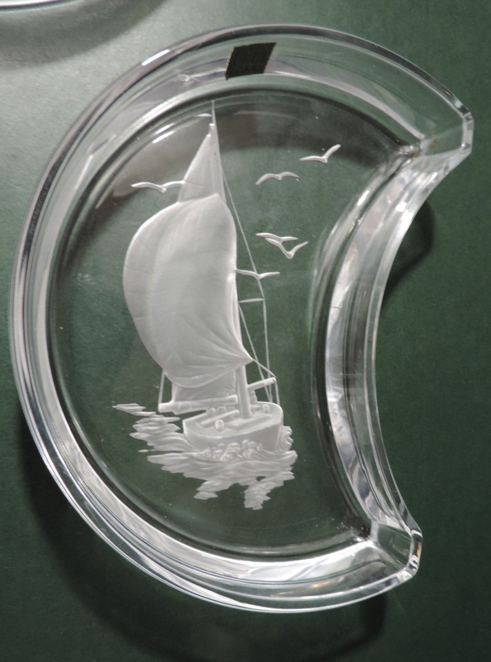 SET OF 5 JAPANESE HOYA ETCHED RAISED SHIP BIRDS CRYSTAL PLATE DISH ...